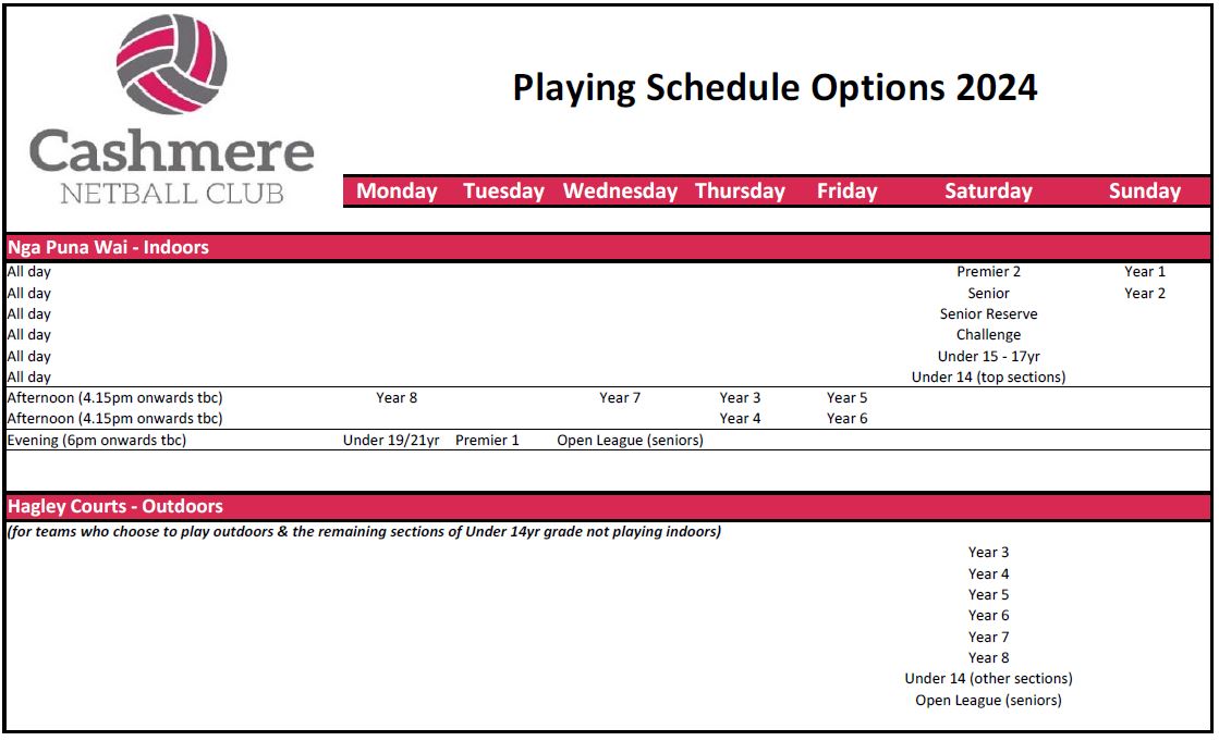 Cashmere Netball Club - 2024 Playing Schedule