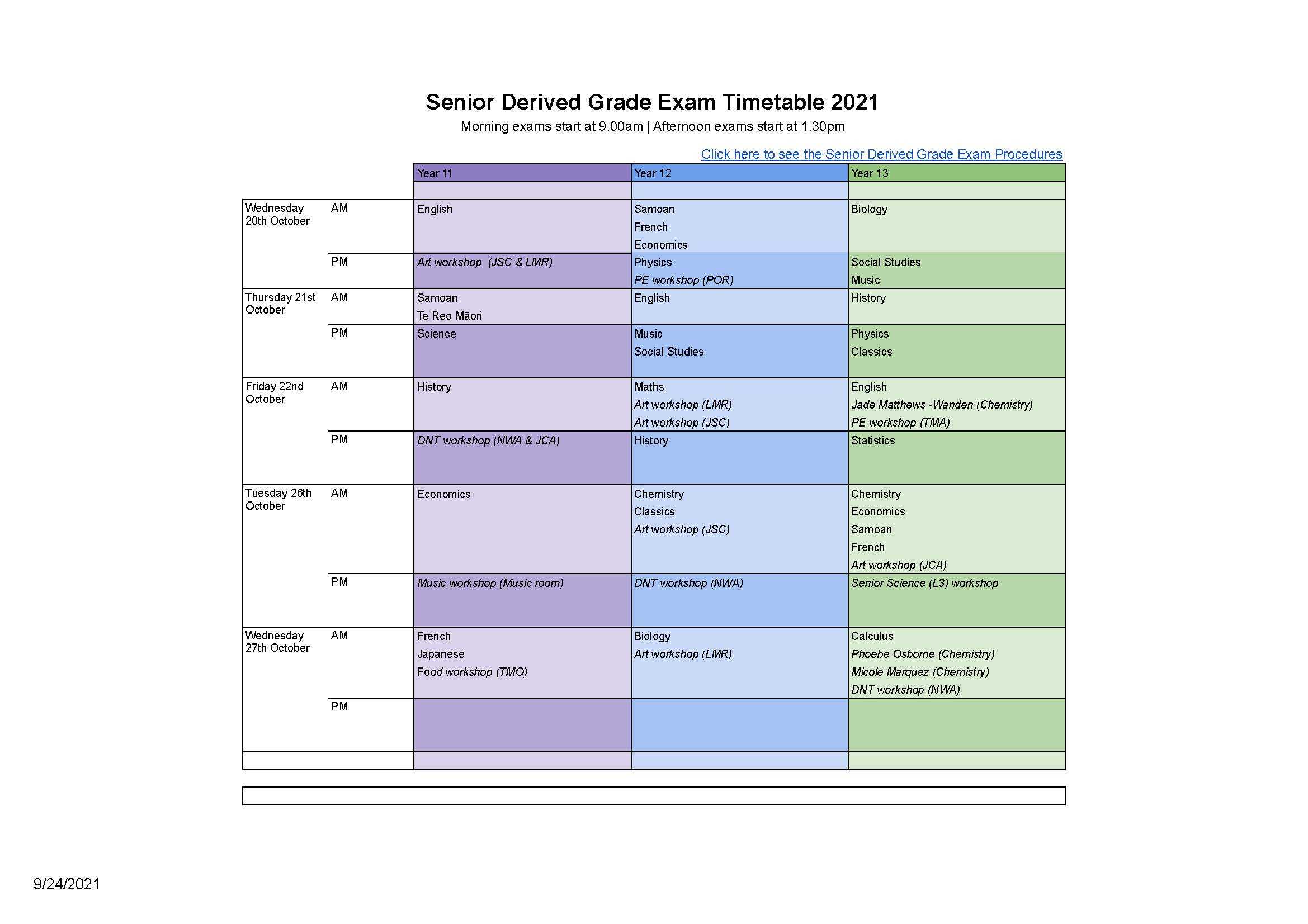 2021 Senior Derived Grade Exam Timetable
