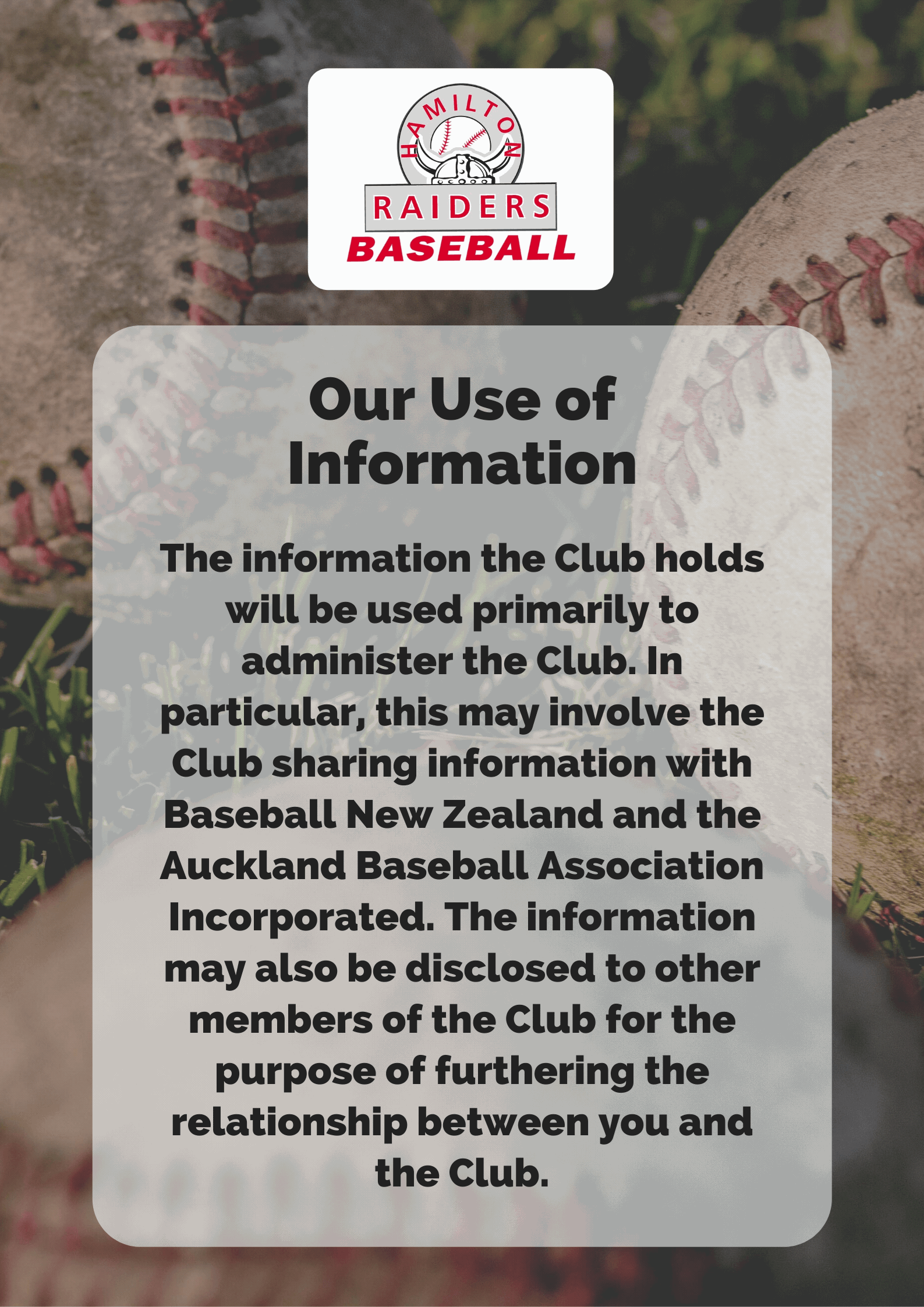 Hamilton Raiders Baseball Club Inc - Our Use of Information
