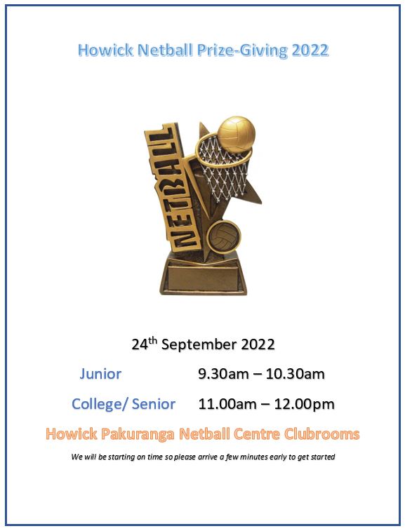 Howick Netball Club Prize Giving 2022