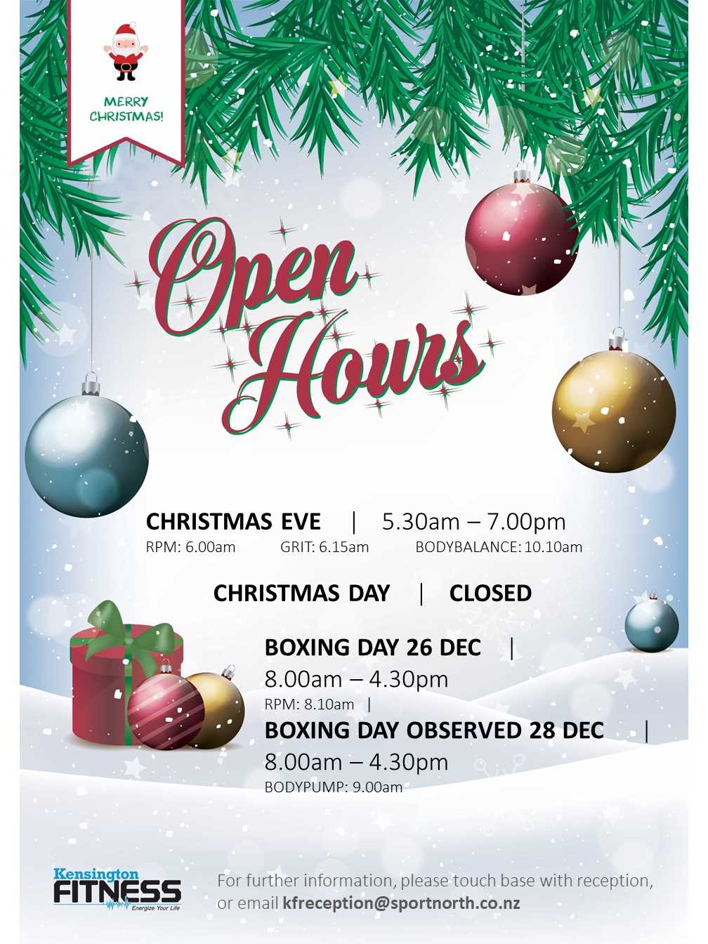 Group Fitness Christmas Timetable Holiday Opening Hours