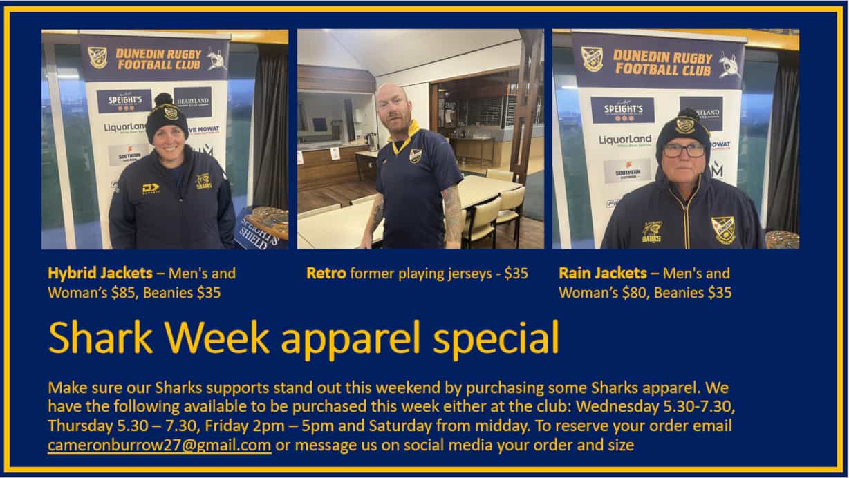 DUNEDIN SHARKS 2023 FINALS RUGBY THIS SATURDAY