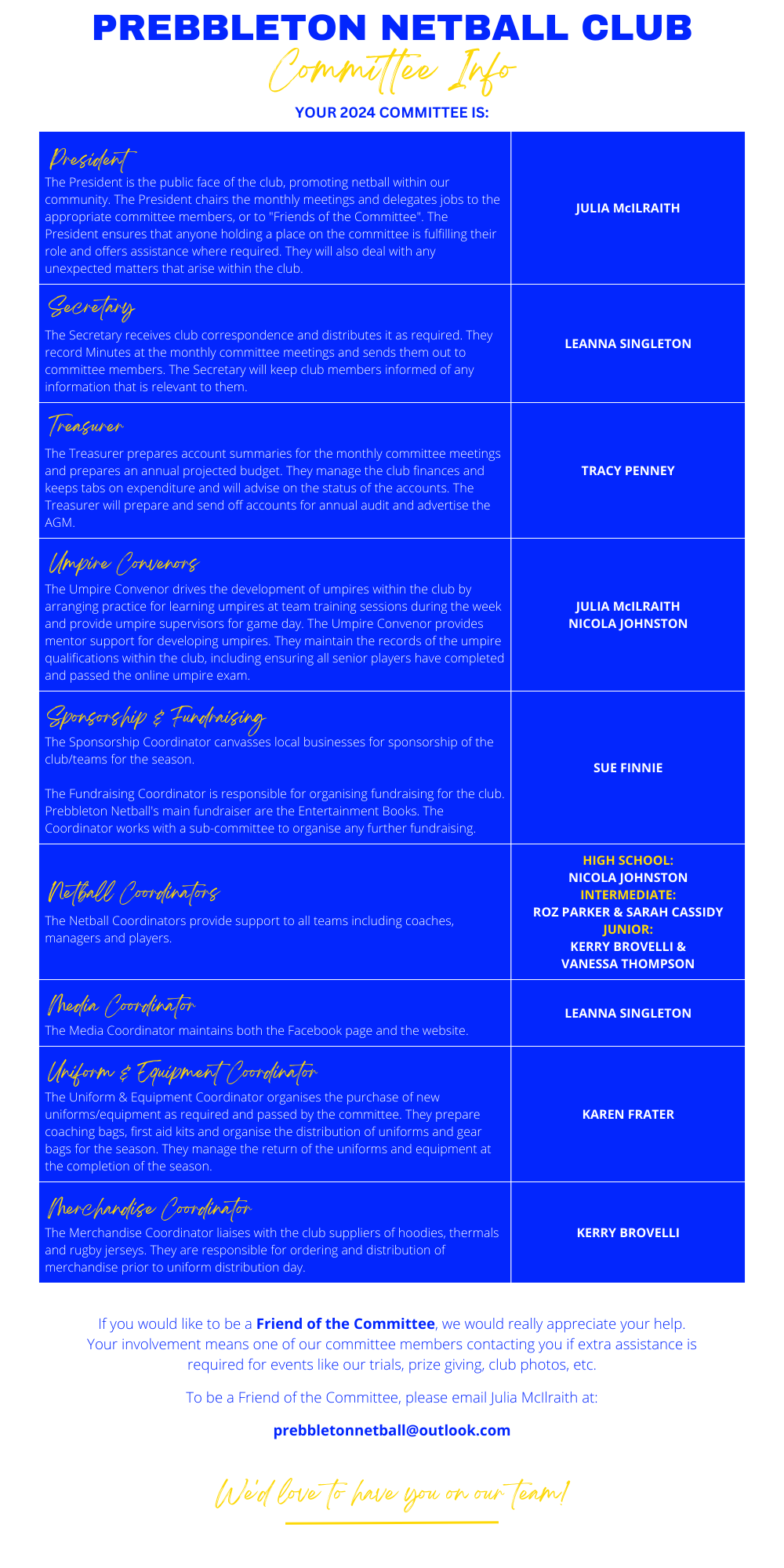 Prebbleton Netball Club - Committee Info