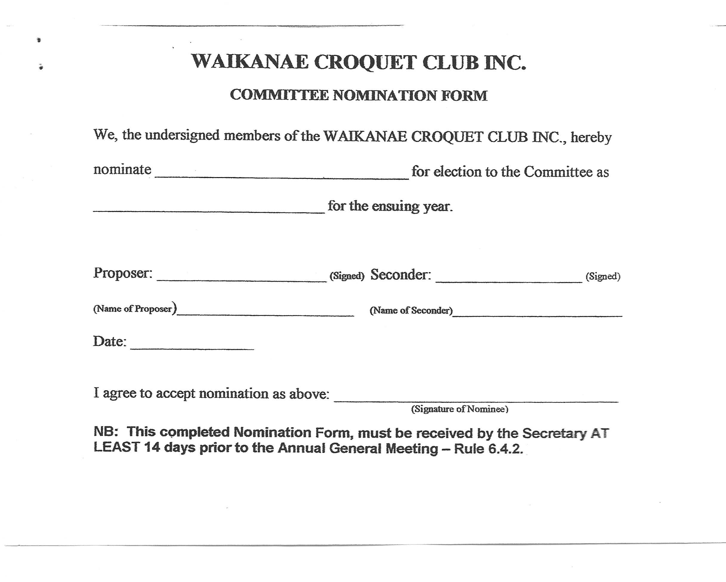 Waikanae Croquet Club - Committtee Nomination Form