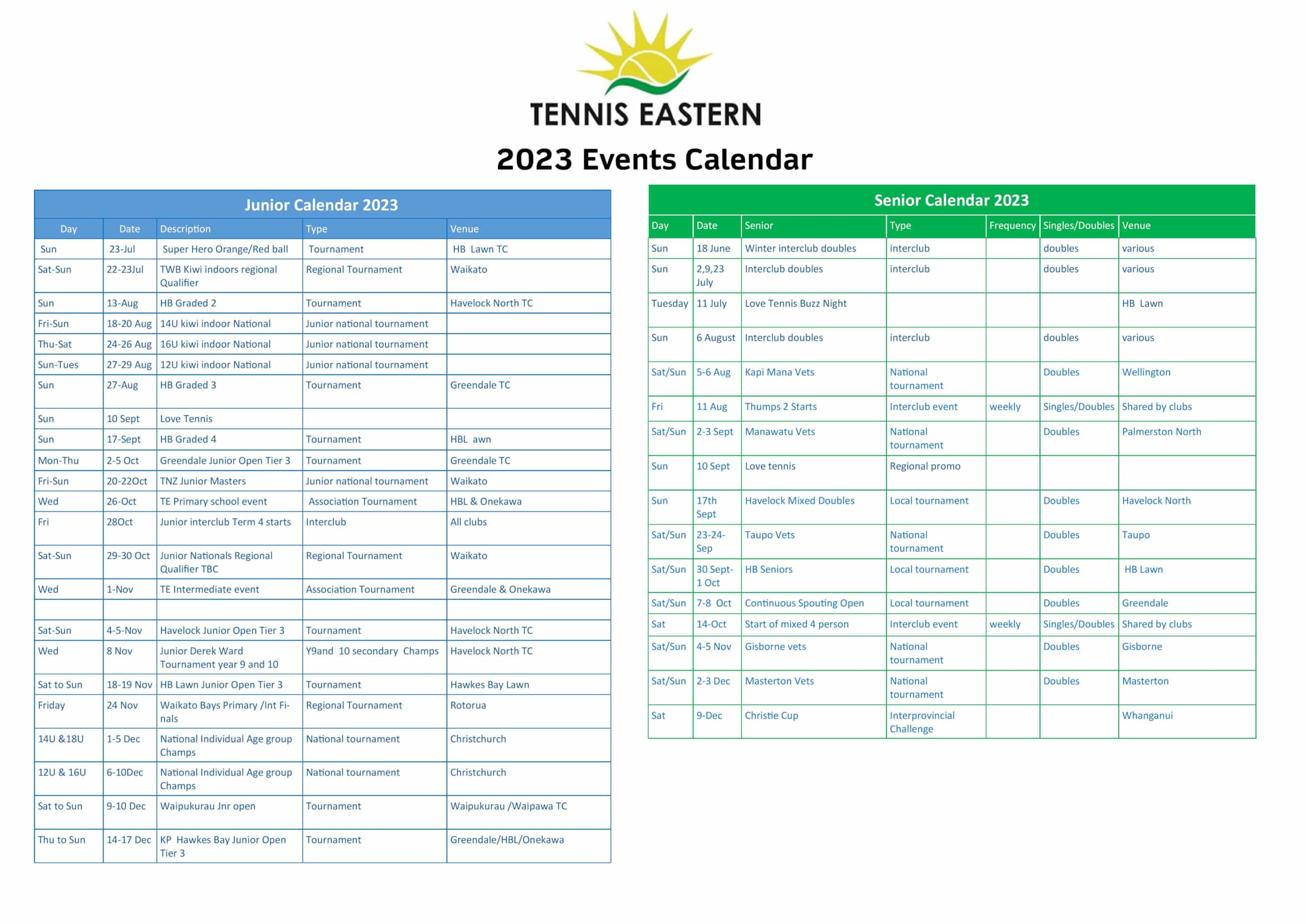 Waipukurau Lawn Tennis & Squash Club - Tennis Calendar