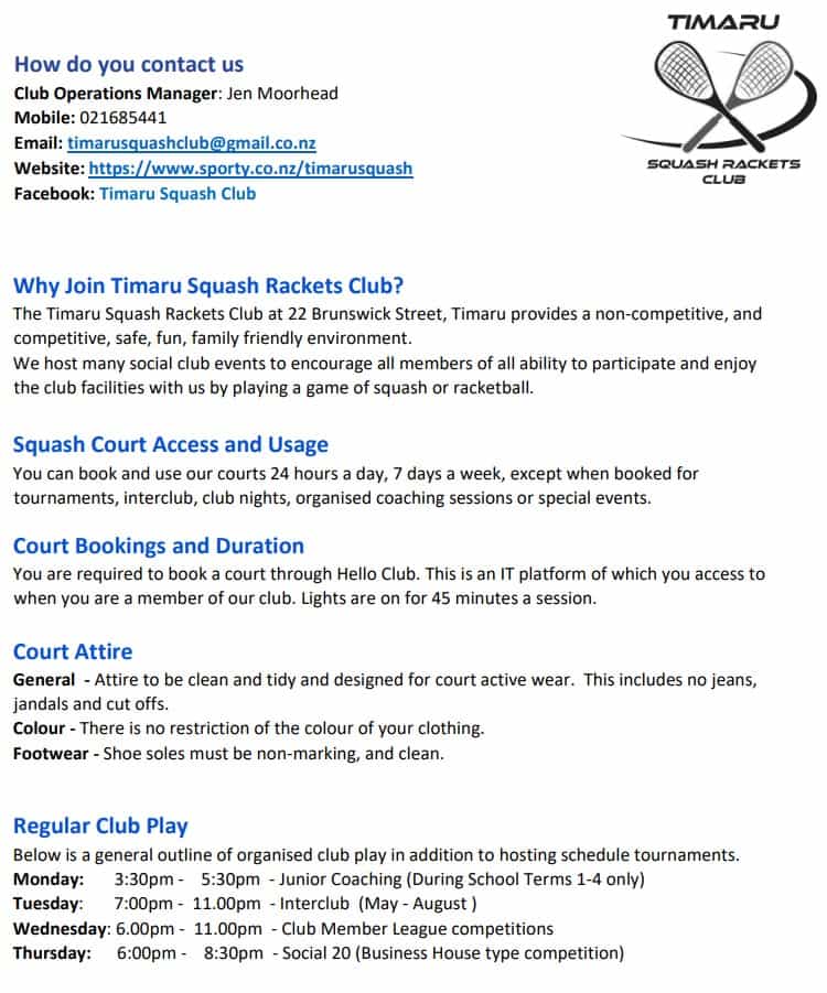 Timaru Squash Club - Racketball