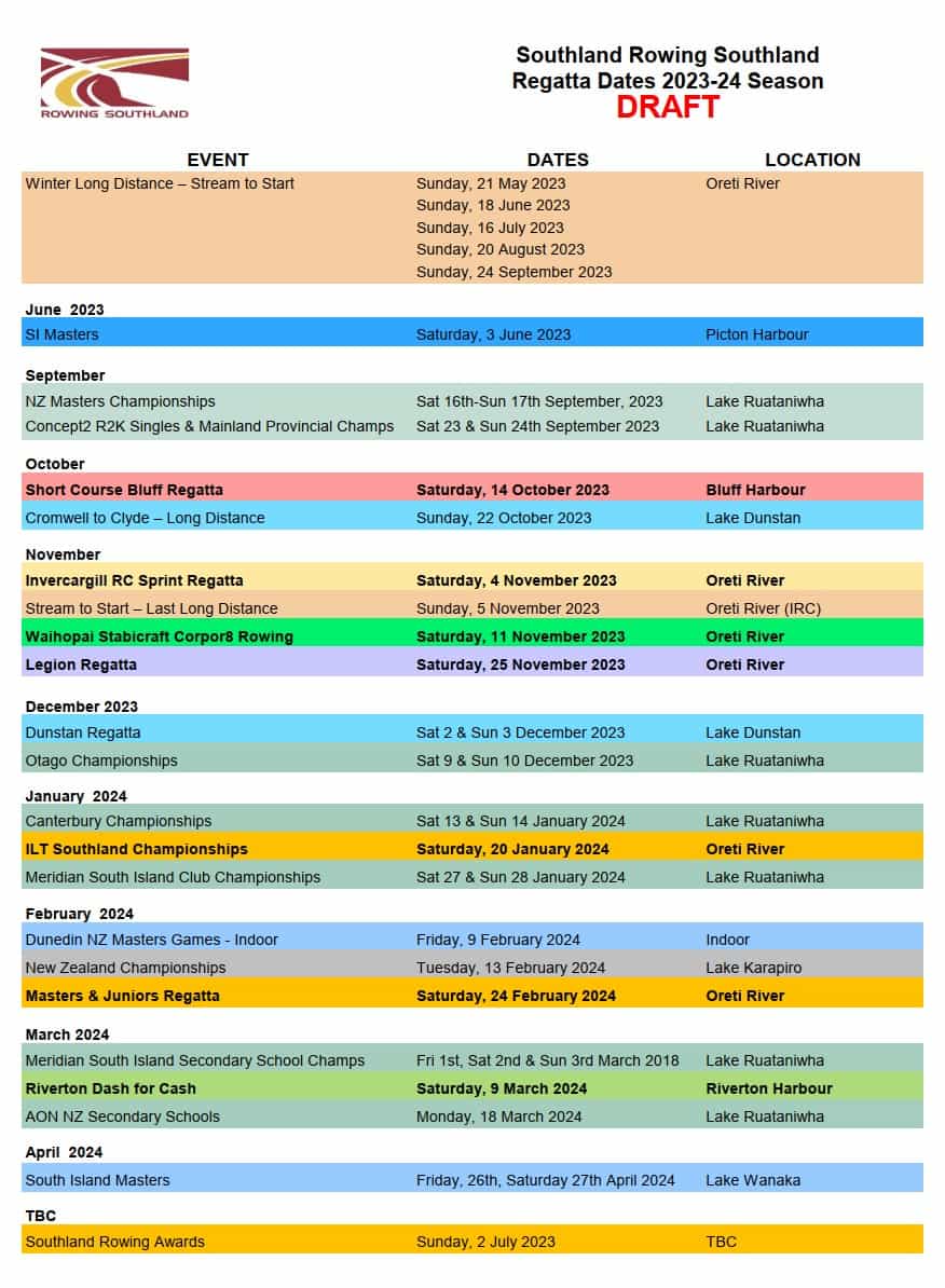 Southland Rowing Association - SRA Calendar