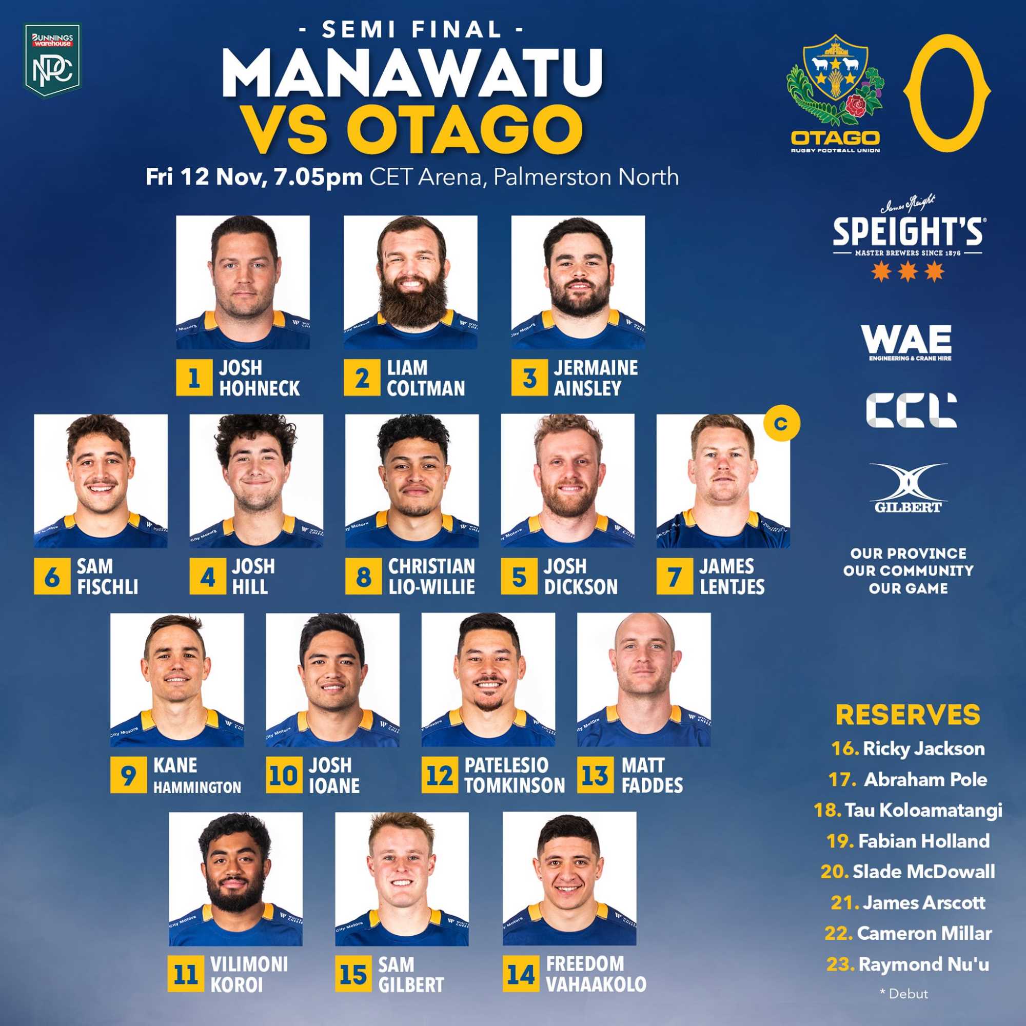 OTAGO TEAM NAMED TO PLAY MANAWATU IN SEMI FINAL