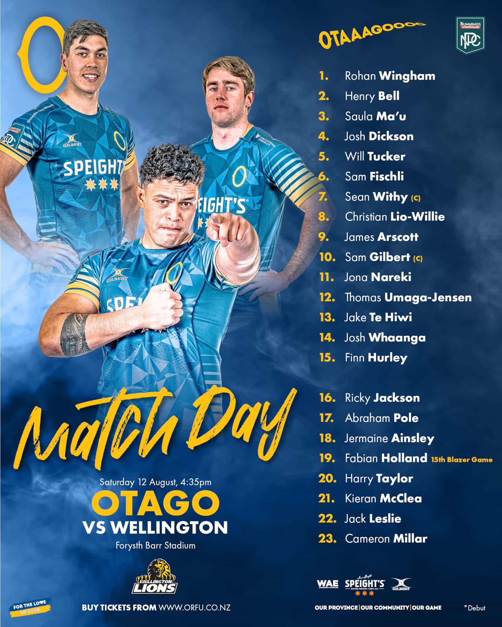 OTAGO TEAM NAMED TO PLAY WELLINGTON IN ROUND 2