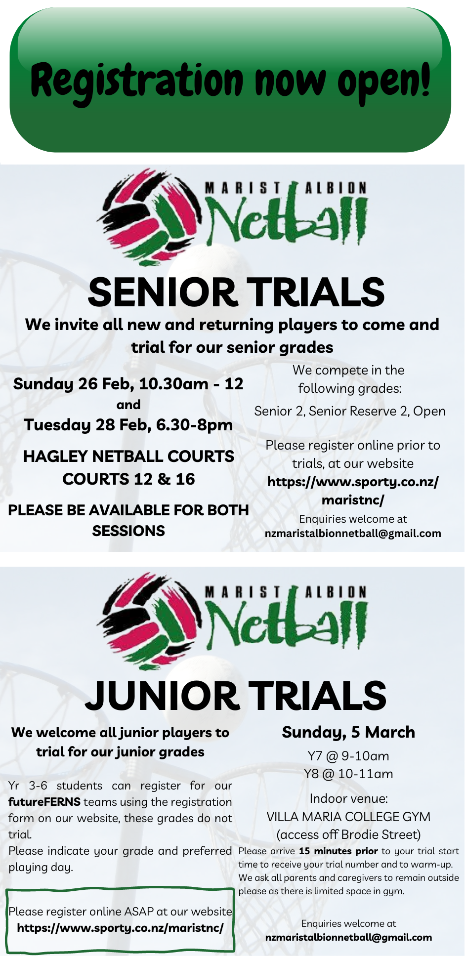 Marist Albion Netball Club - Season Dates