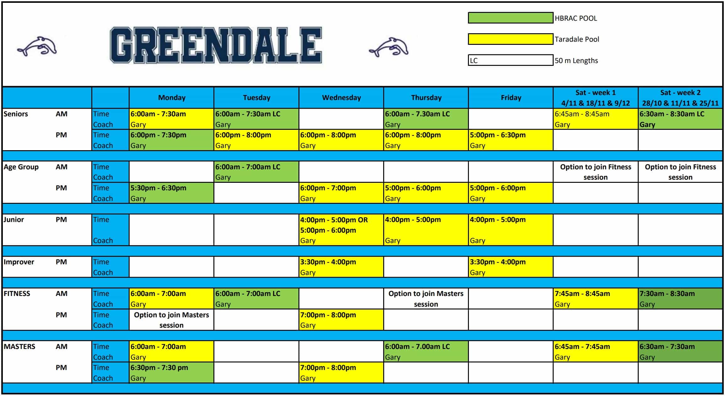 Greendale Swim Club - 2023 Timetable