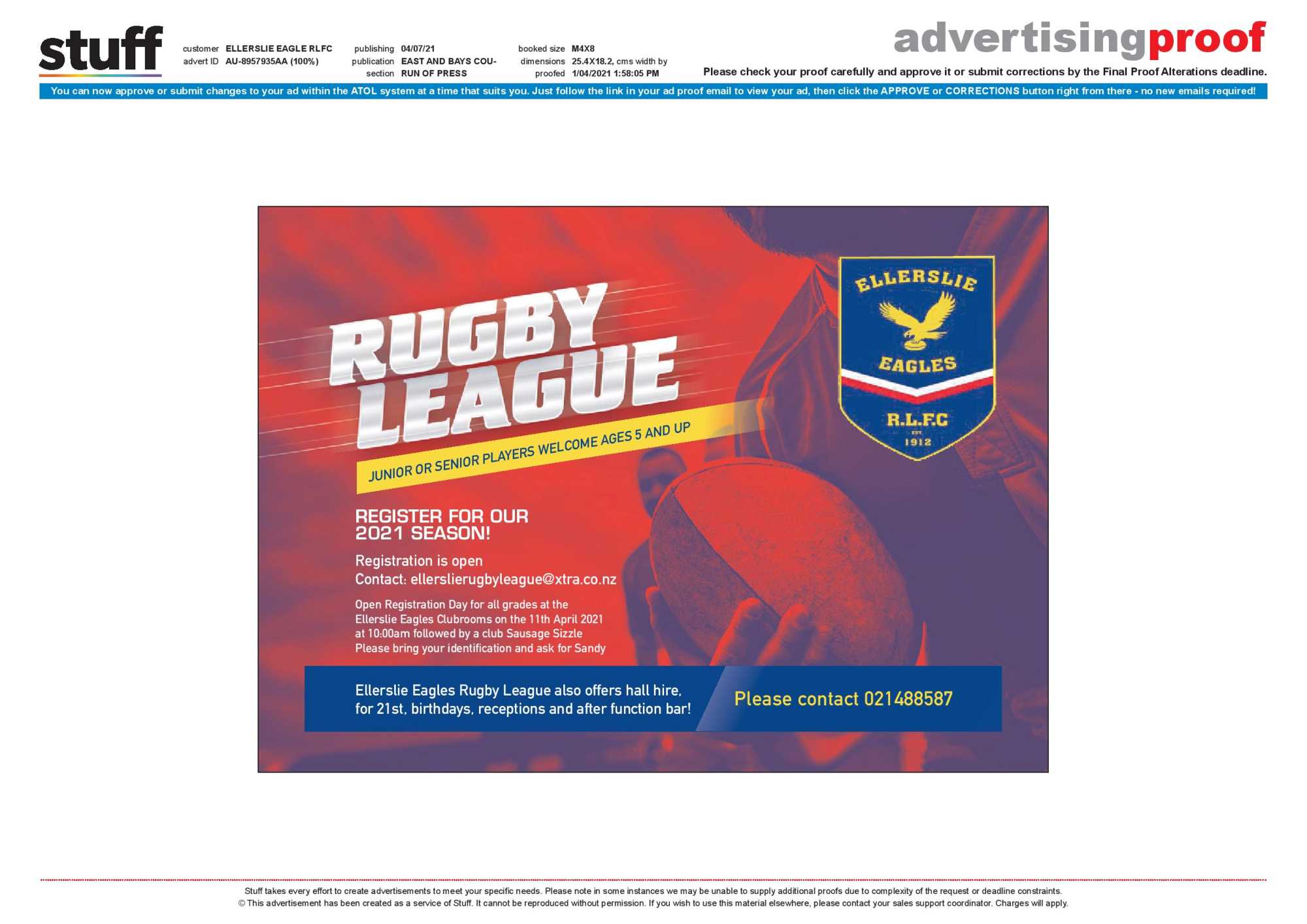 Register at Ellerslie Eagles 2021