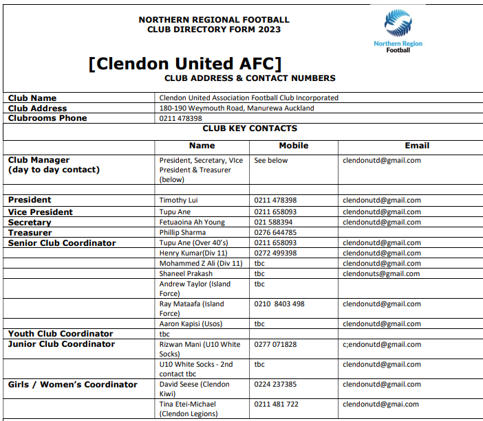 Clendon United AFC - DIrectory (2023)